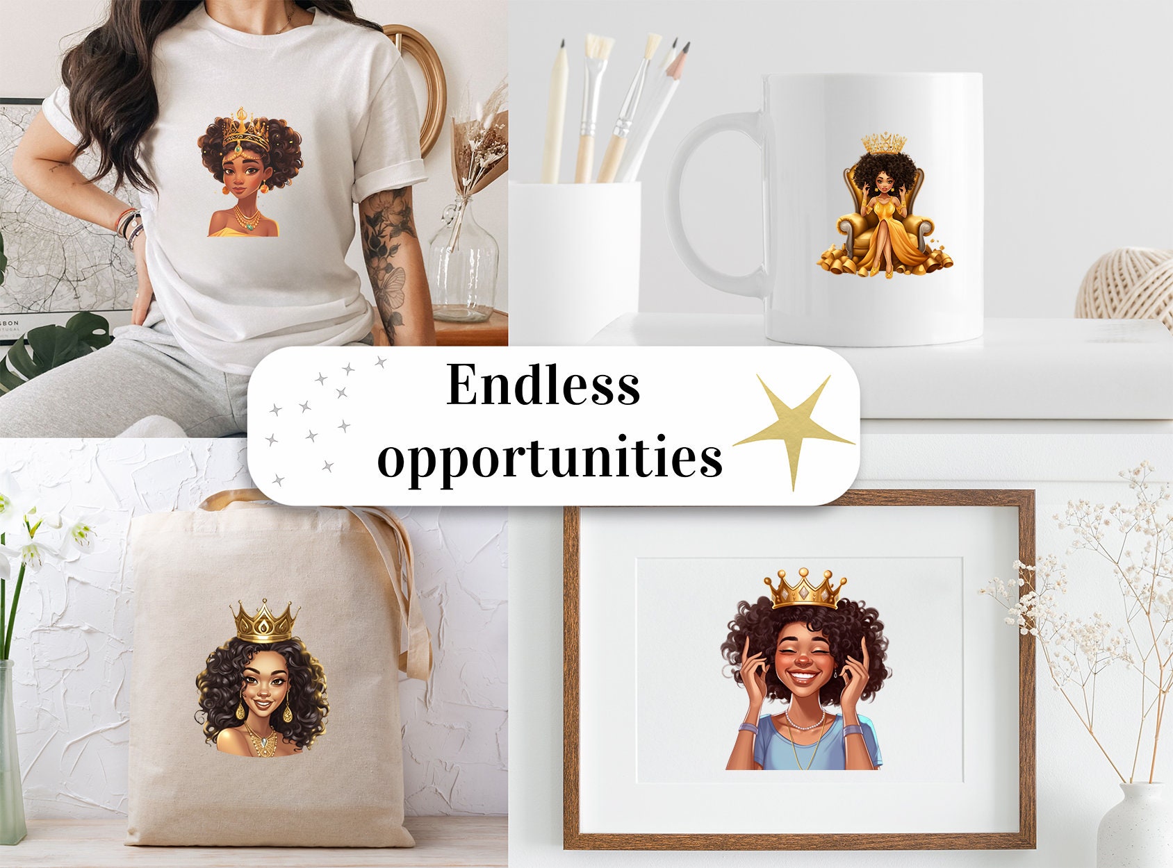 Set of 24, Afro Princess Clipart 2, African American Princess, Afro ...
