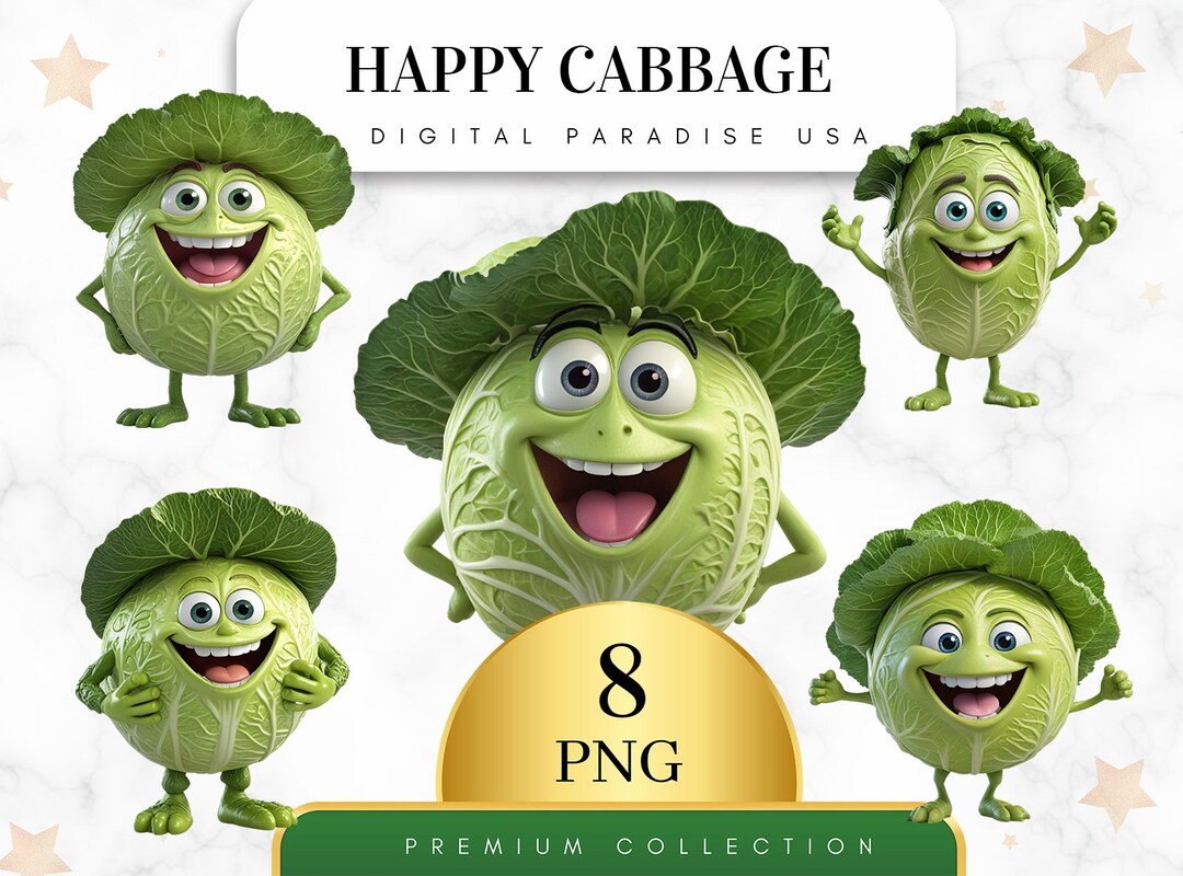 Set of 8, Happy Cabbage Clipart, Cabbage bundle, Cute Vegetable Clipart ...