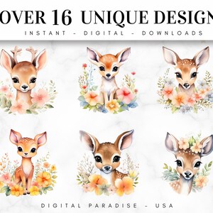 Set of 16, Watercolor Floral Baby Deer Clipart, Deer Clipart, Baby Deer ...