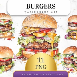 Set of 11, Watercolor Burger Clipart, Fast Food Clipart Bundle ...
