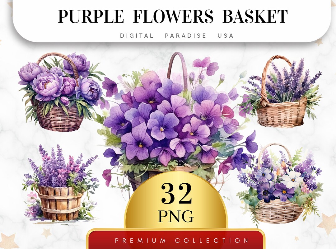 Set of 32, Purple Flower Basket Clipart, Flower Basket PNG, Floral ...
