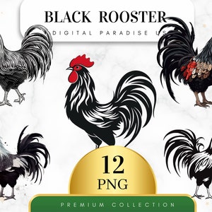 Set of 12, Black Rooster Clipart, Farm Animal Clipart, Rooster PNG ...
