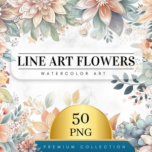 Set of 50, Watercolor Flower Line Art, Flower Png, Floral Clipart ...