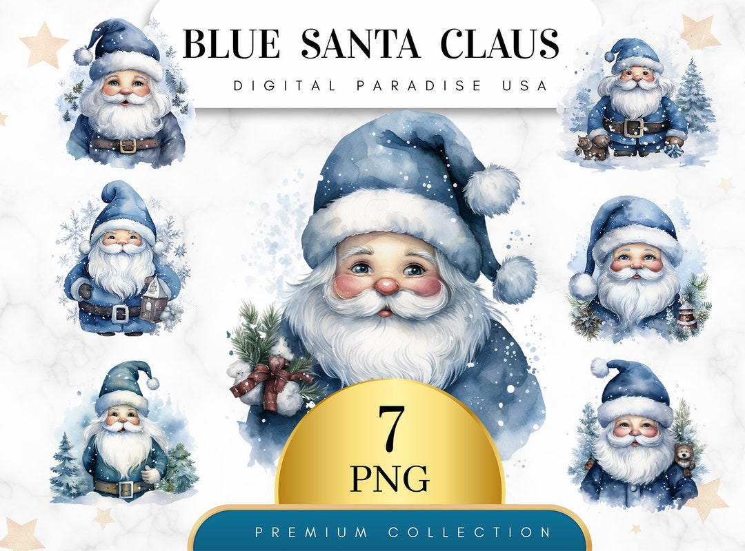 Set of 7, Blue Santa Claus Clipart, Santa Claus PNG, Christmas Clipart ...