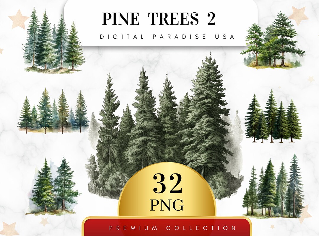 Set of 32, Watercolor Pine Trees Clipart, Pine Tree PNG, Pine Tree ...