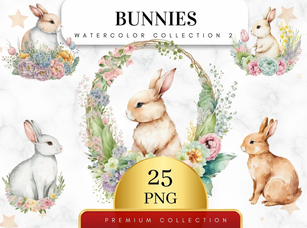 Set of 25, Watercolor Bunnies Clipart, Spring Bunnies PNG, Nursery ...