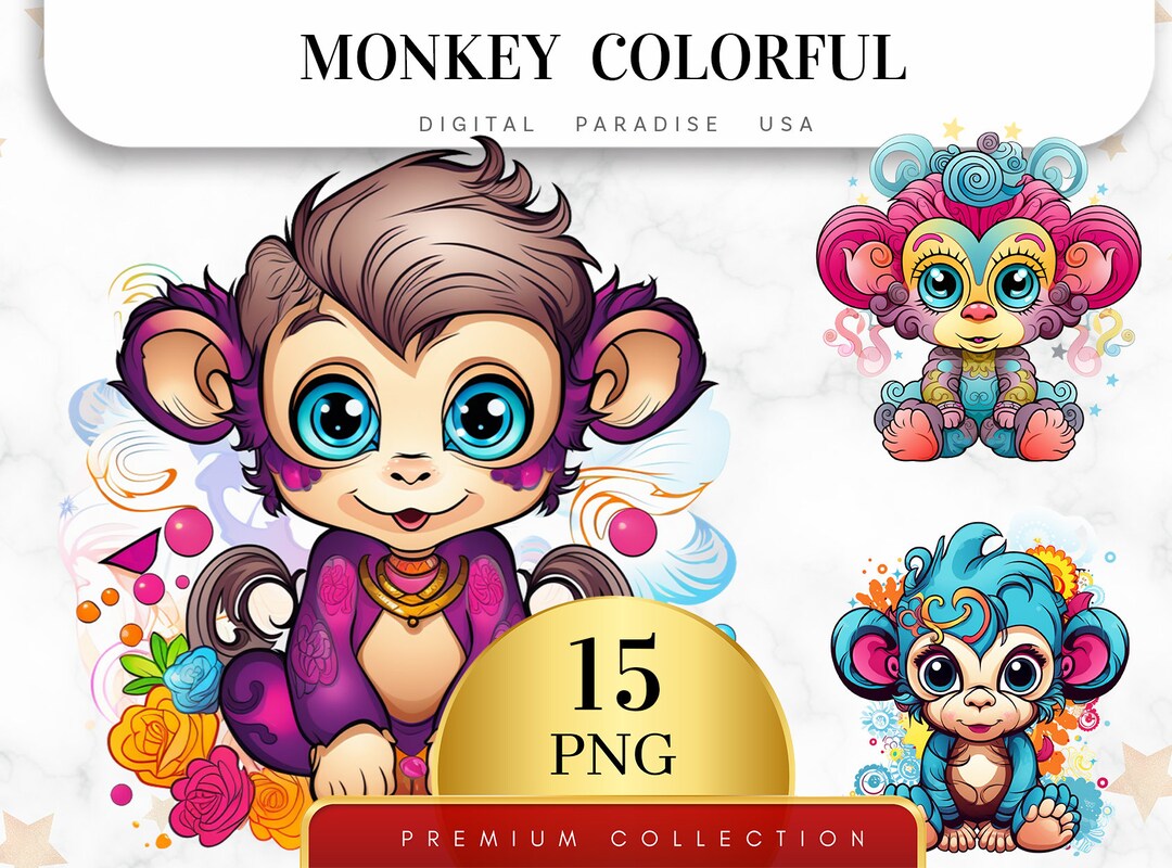Set of 15, Colorful Monkey Clipart, Monkey PNG, Jungle Animal Clipart ...