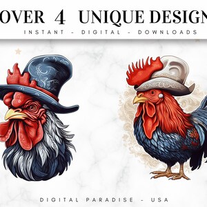 Set of 4, Cowboy Rooster Clipart, Rooster PNG, Western Clipart, Farm ...