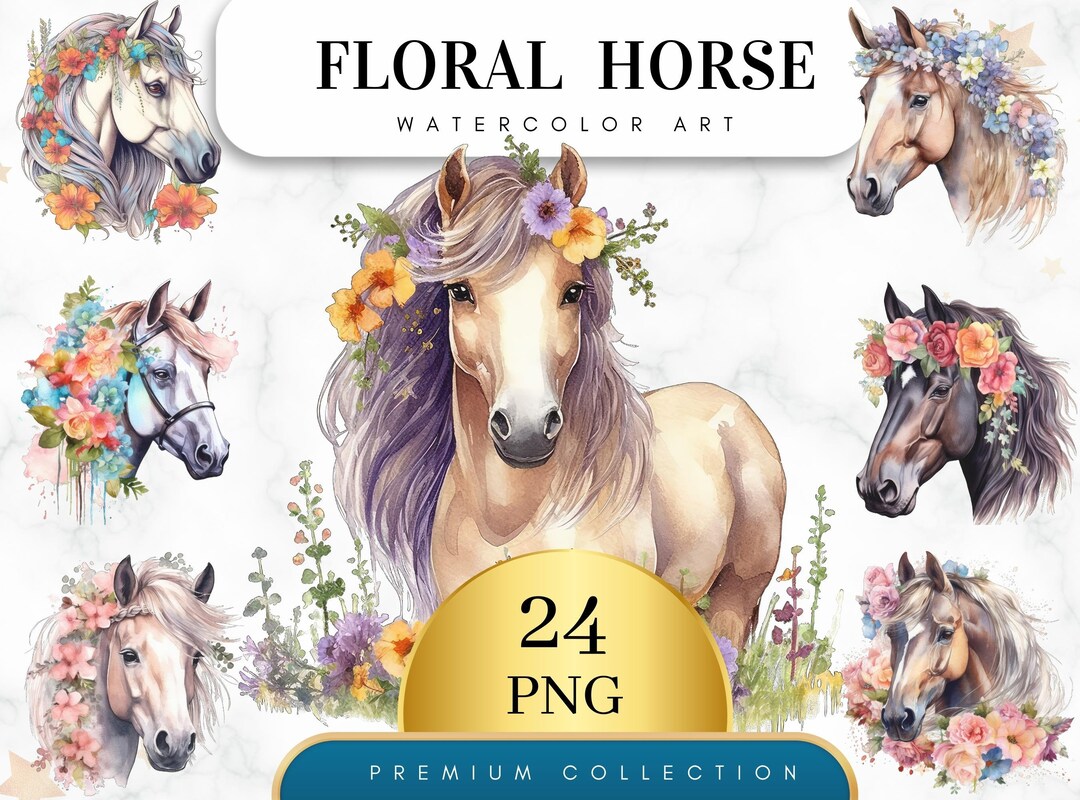 Set of 24, Watercolor Floral Horse Clip Art, Floral Horse Png ...