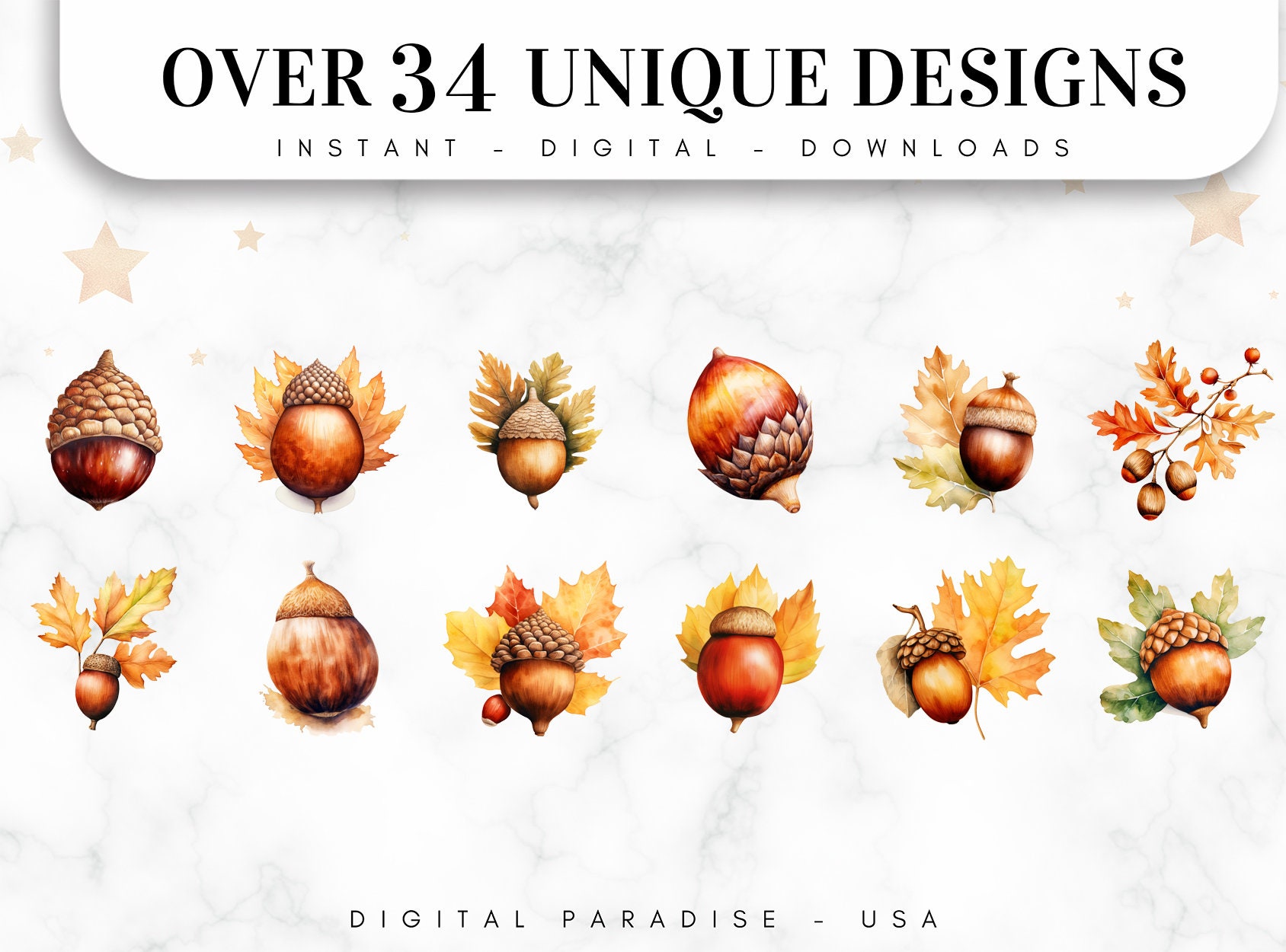 Set of 34, Fall Acorn Clipart, Watercolor Acorn, Acorn PNG, Food ...