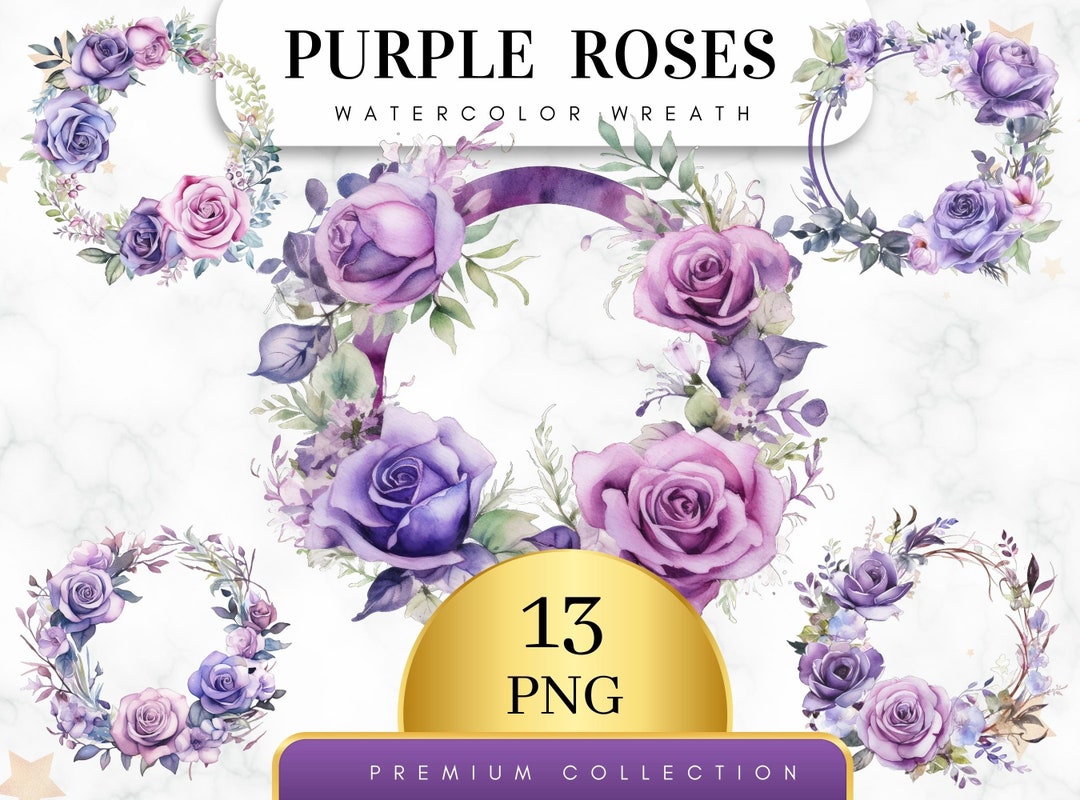 Set of 13, Watercolor Purple Rose Wreath, Floral Frame Clipart ...