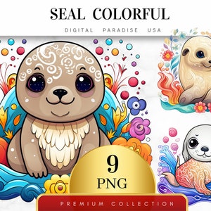 Set of 9, Colorful Seal Clipart, Seal PNG, Animal Clipart, Ocean ...