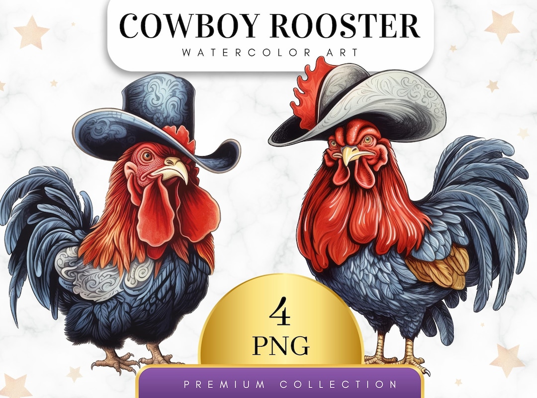 Set of 4, Cowboy Rooster Clipart, Rooster PNG, Western Clipart, Farm ...