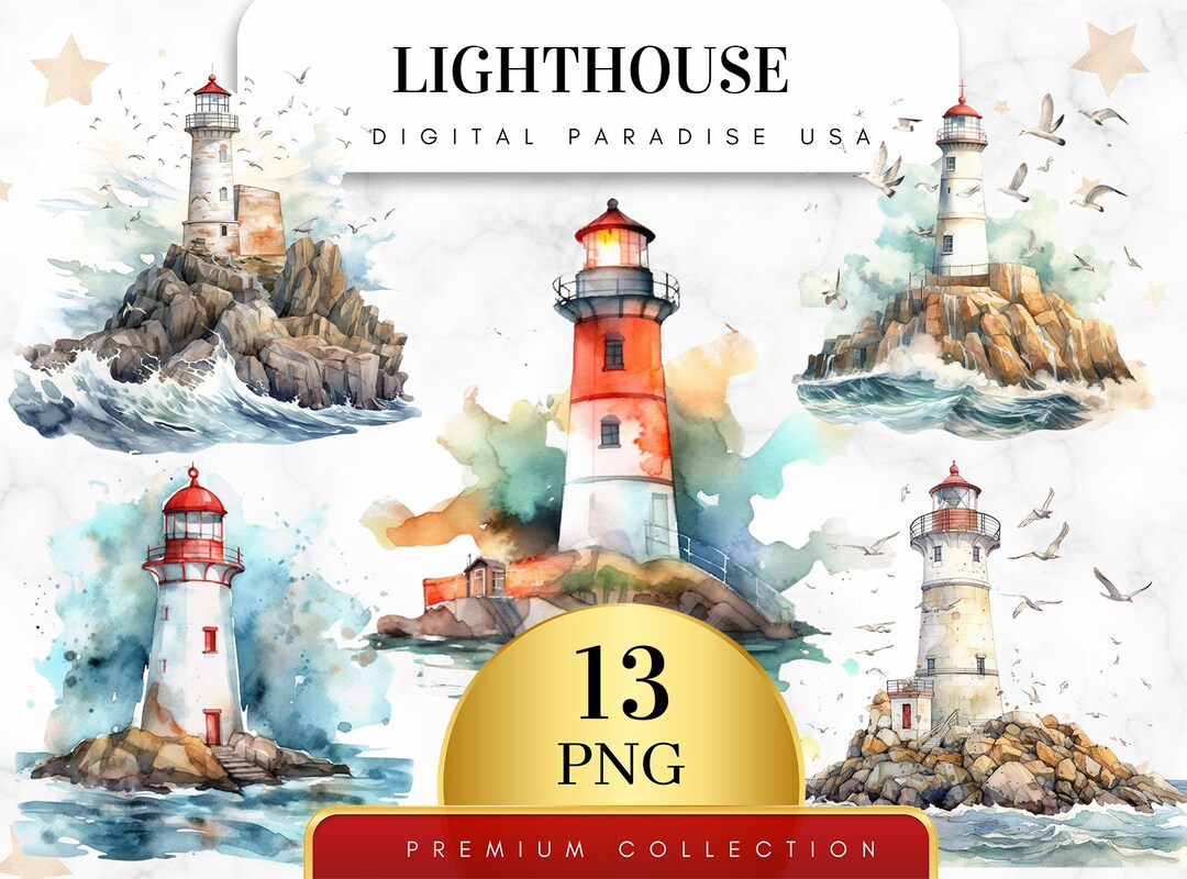 Set of 13, Watercolor Lighthouse Clipart, Lighthouse PNG, Nautical ...