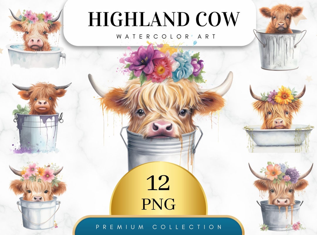 Set of 12, Highland Cow in Bucket Png, Highland Cow in Tub PNG, Baby ...