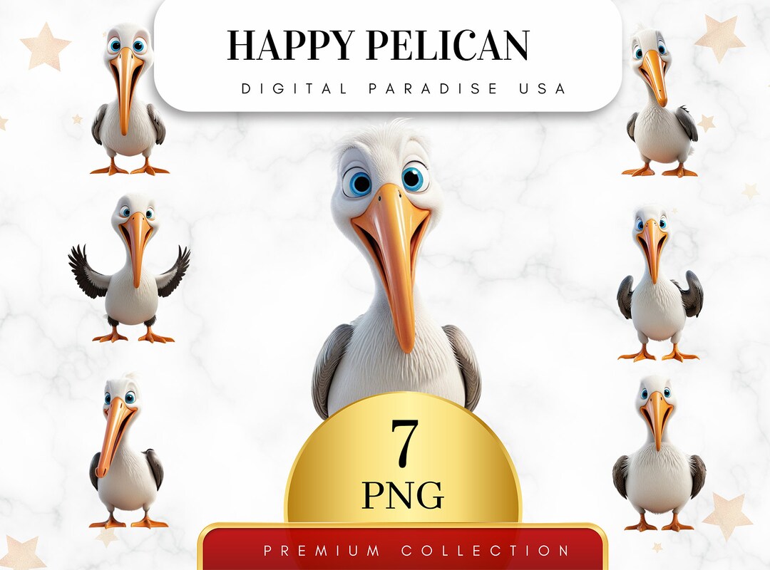 Set of 7, Happy Pelican Clipart, Cute Pelican PNG, Tropical Bird ...