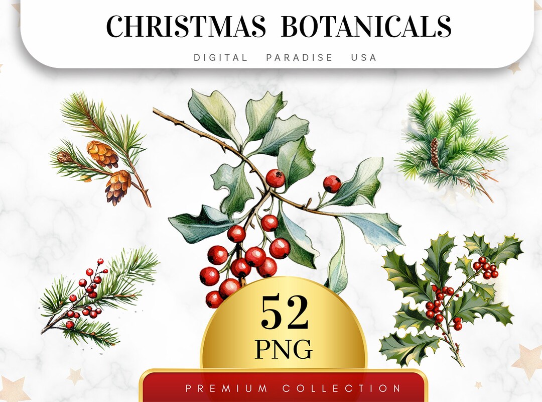 Set of 52, Christmas Botanicals Clipart, Holiday Floral Bundle ...