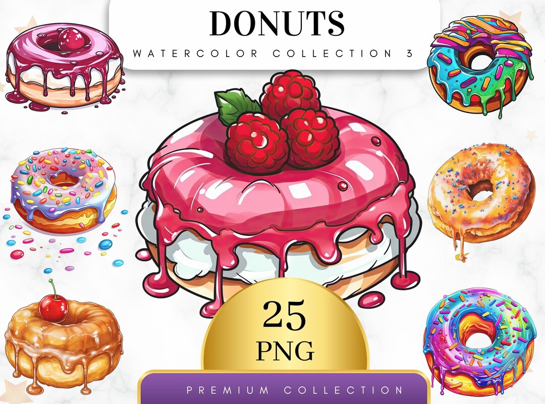 Set of 25, Watercolor Donuts Art, Donuts Clip Art, Dessert Clipart ...