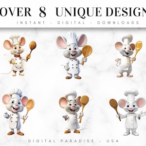 Set of 8, Mouse Chef Clipart 2, Mouse Chef PNG, Kitchen Clipart, Chef ...