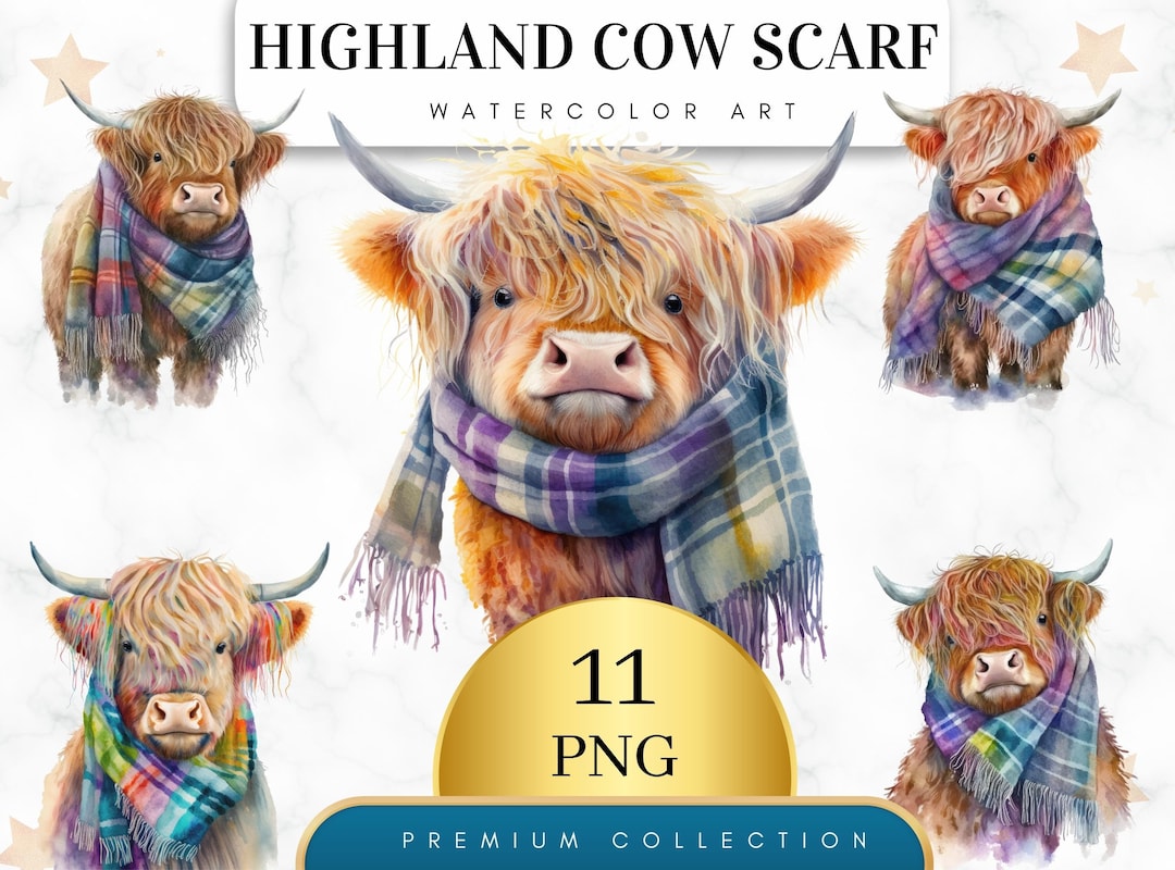 Set of 11, Watercolor Highland Cow in Scarf, Highland Cow Clip Art ...