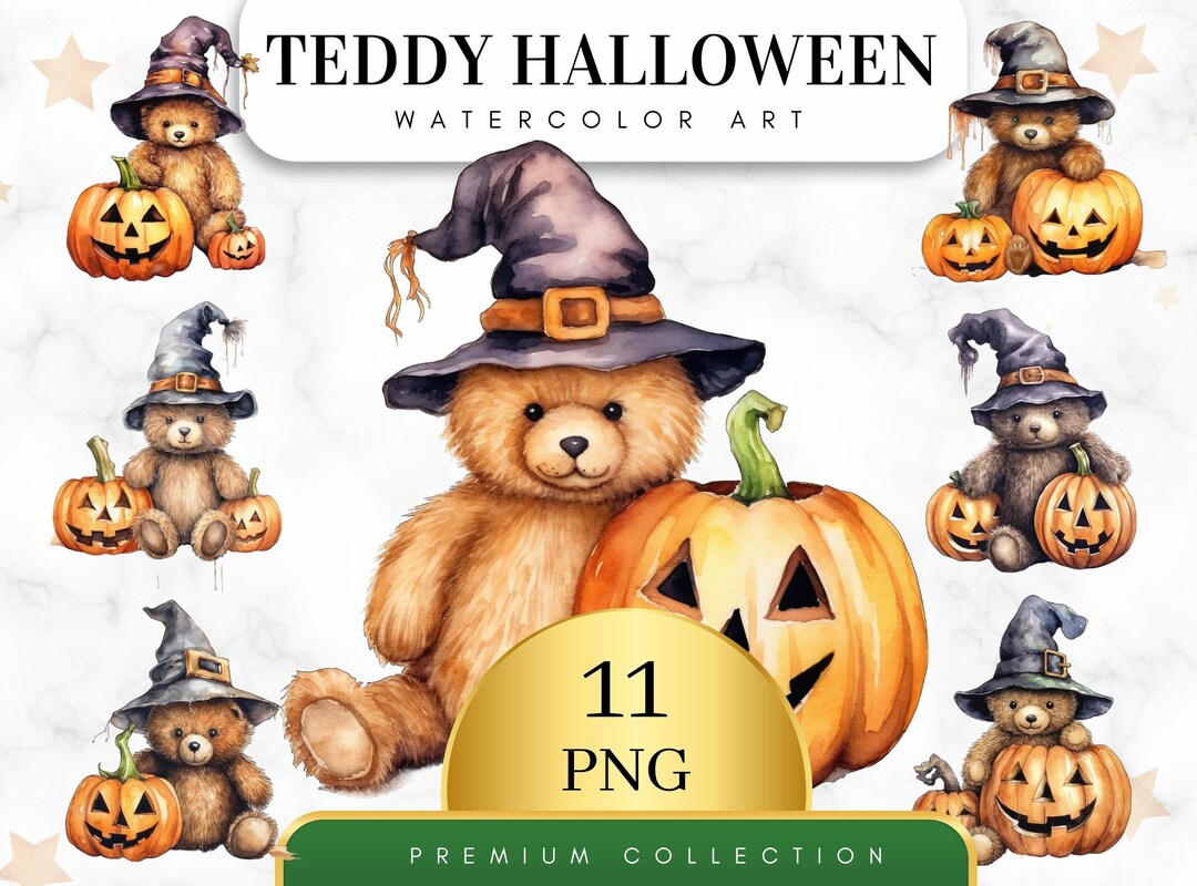 Set of 11, Watercolor Teddy Bear Halloween, Teddy Bear PNG, Nursery Art ...