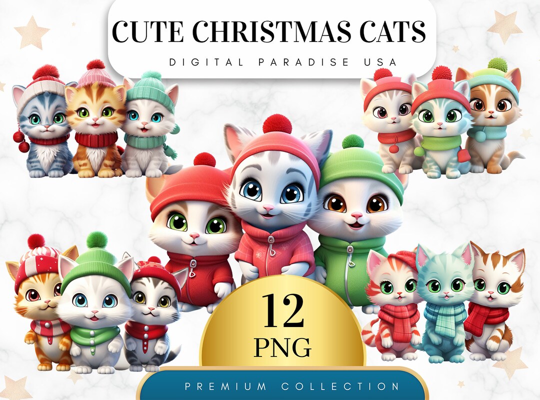 Set of 12, Cute Christmas Cat Clipart, Cat PNG, Holiday Cat, Christmas ...
