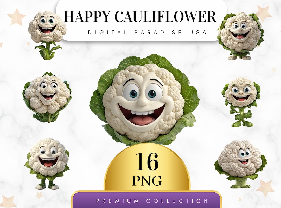 Set of 16, Happy Cauliflower Clipart, Cute Veggie Bundle, Cauliflower ...