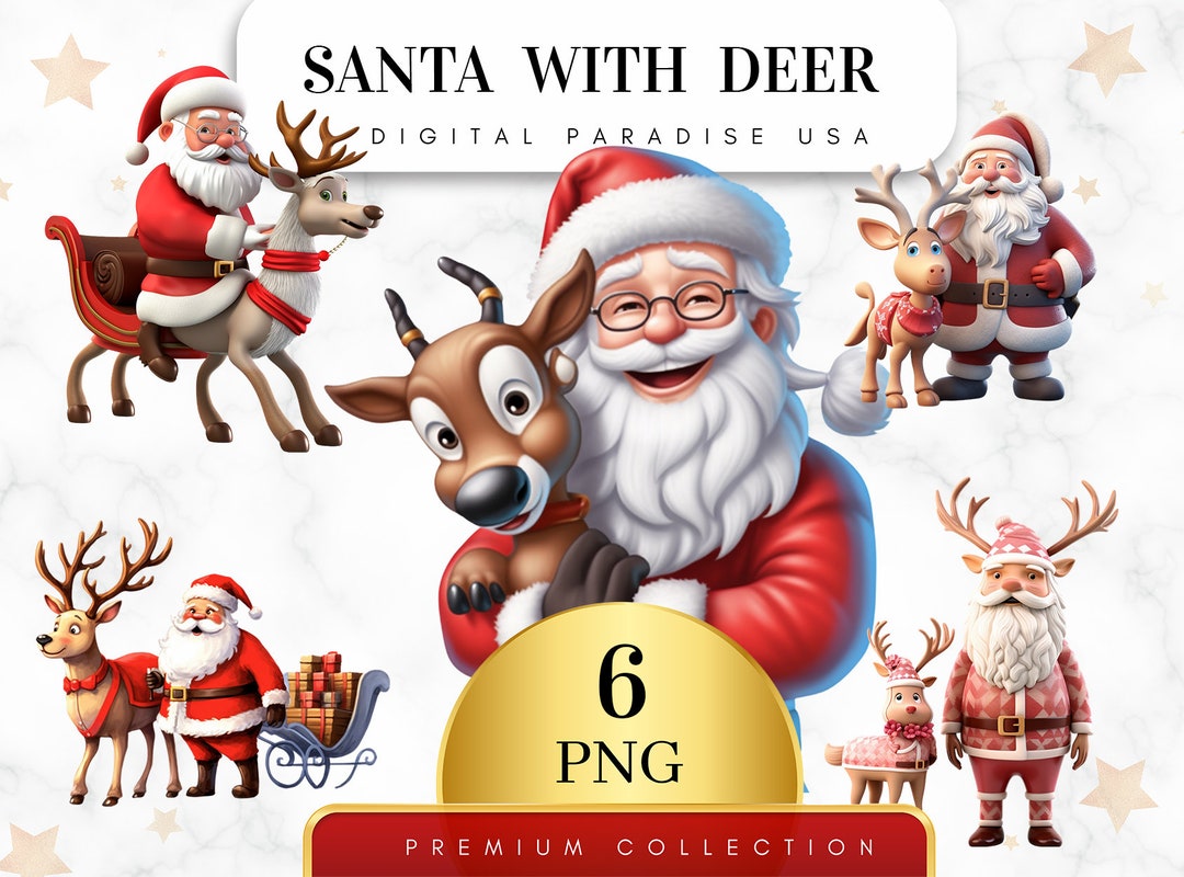 Set of 6, Santa With Deer Clipart, Christmas Deer PNG, Holiday Clipart ...