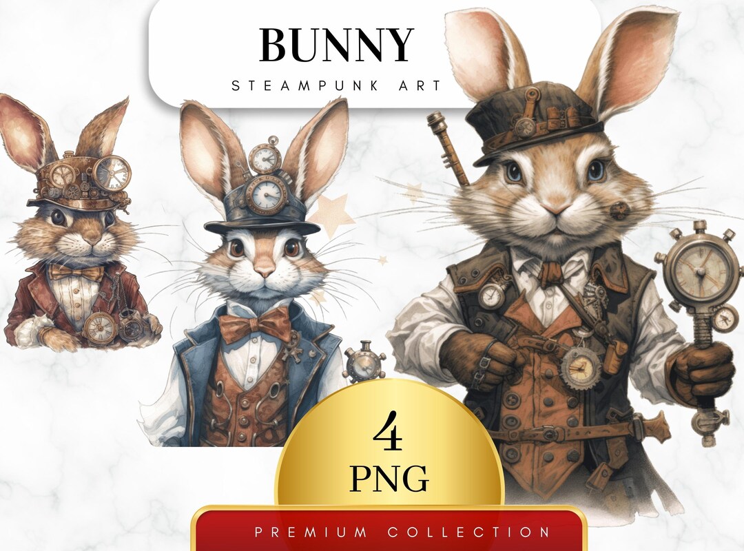 Set of 4, Steampunk Bunny Clipart, Watercolor Steampunk Png, Steampunk ...