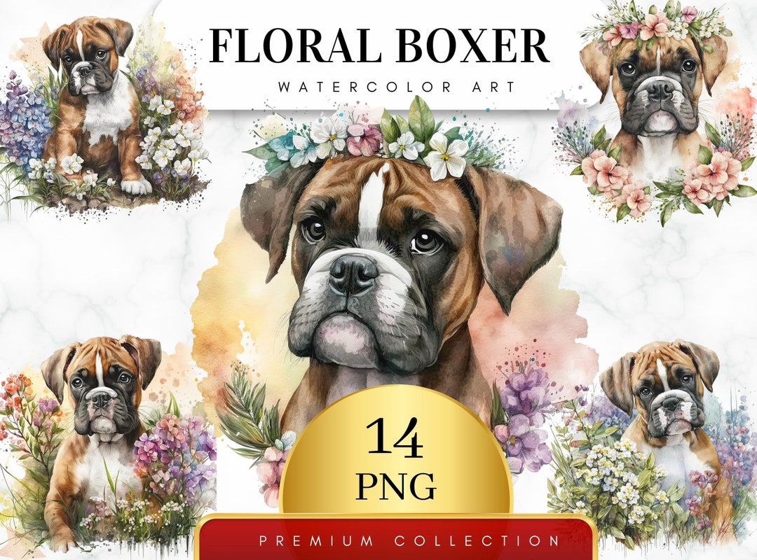 Set of 14, Watercolor Boxer Dog Clipart, Spring Boxer Dog With Flowers ...