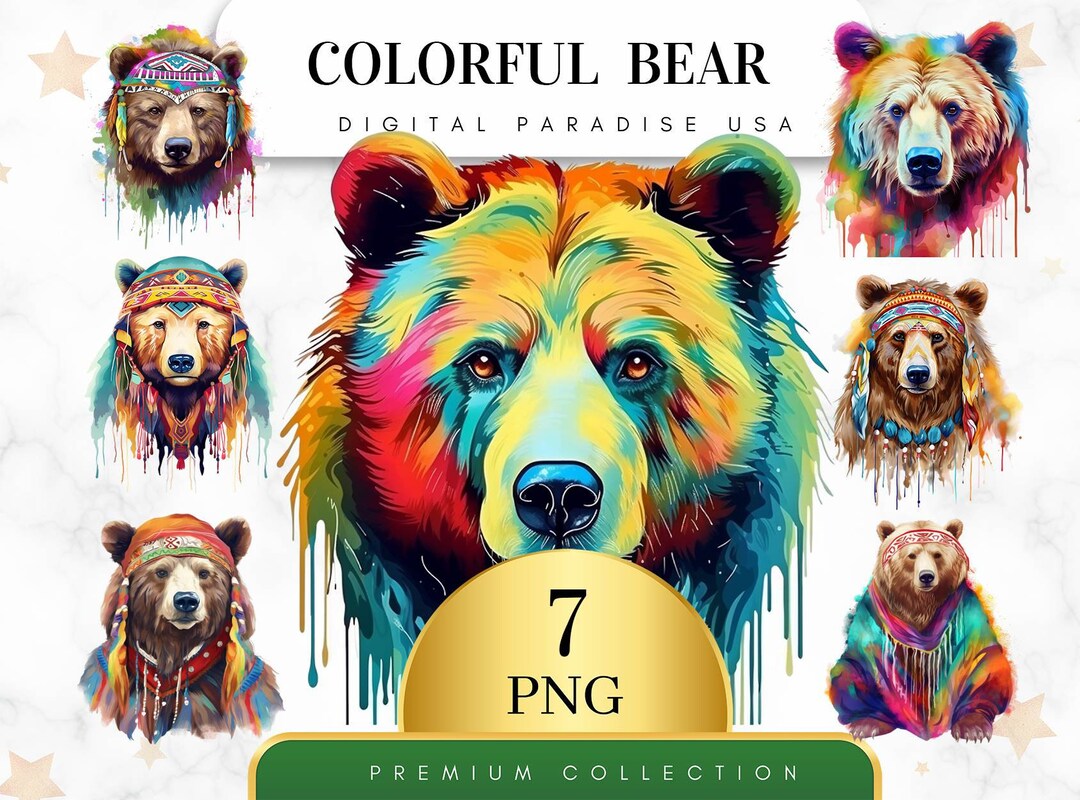 Set of 7, Colorful Bear Clipart, Bear PNG, Cute Animal Clipart ...