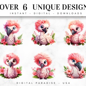 Set of 6, Cute Flamingo Clipart, Flamingo PNG, Tropical Bird Clipart ...