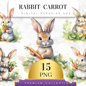 Set of 15, Watercolor Rabbit Carrot Clipart, Rabbit Clipart, Carrot PNG ...