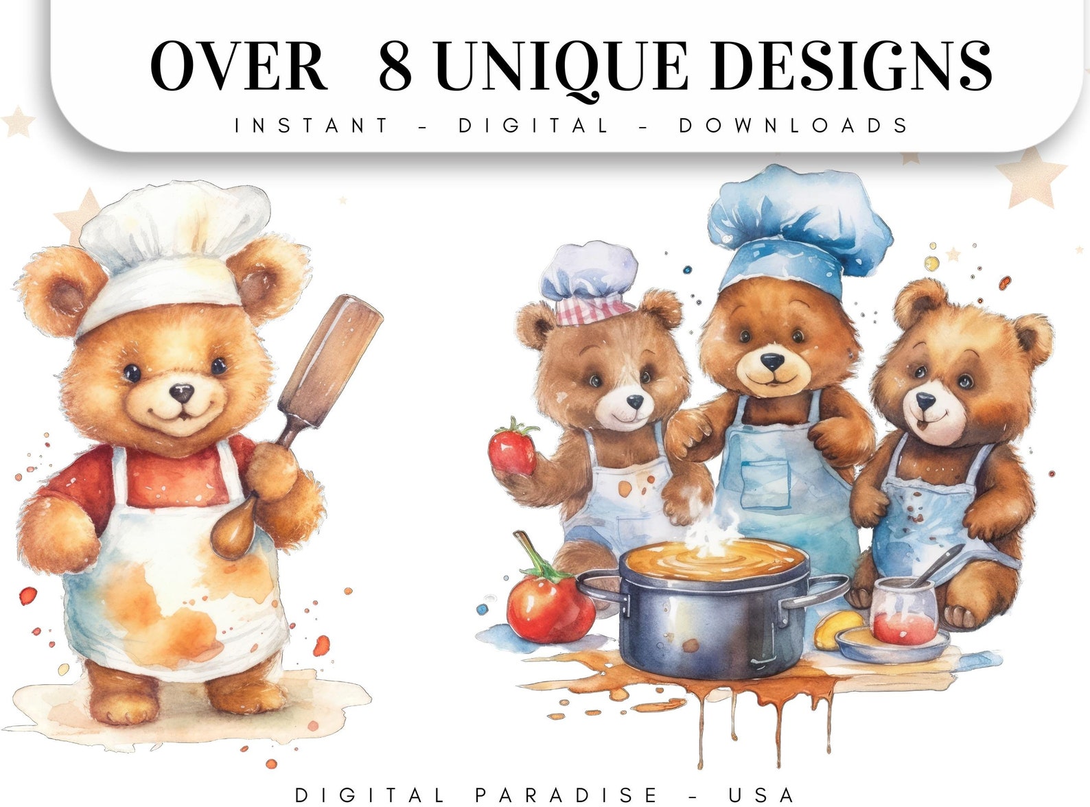 Set of 8, Watercolor Teddy Chef, Teddy Bear PNG, Nursery Clipart, Cute ...
