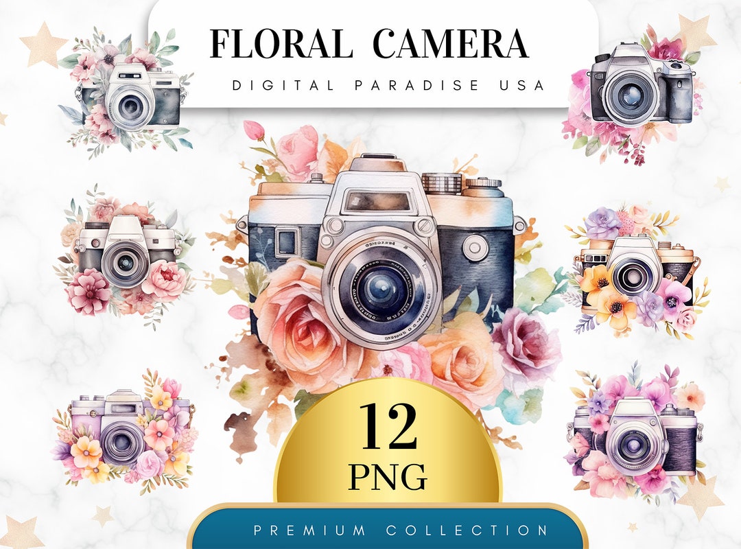Set of 12, Floral Camera Clipart, Camera Clipart, Floral PNG, Camera ...