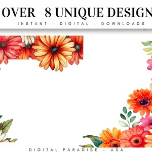 Set of 8, Gerbera Frames & Borders Watercolor, Floral Frame Clipart ...