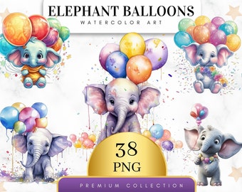 Watercolor Elephant, Baby Elephant Clipart, Baby Elephant With Balloons ...