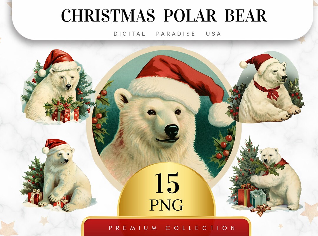 Set of 15, Christmas Polar Bear Clipart, Polar Bear PNG, Holiday ...