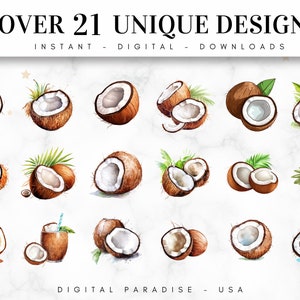 Set of 21, Watercolor Coconut Clipart, Tropical Coconut PNG, Summer ...