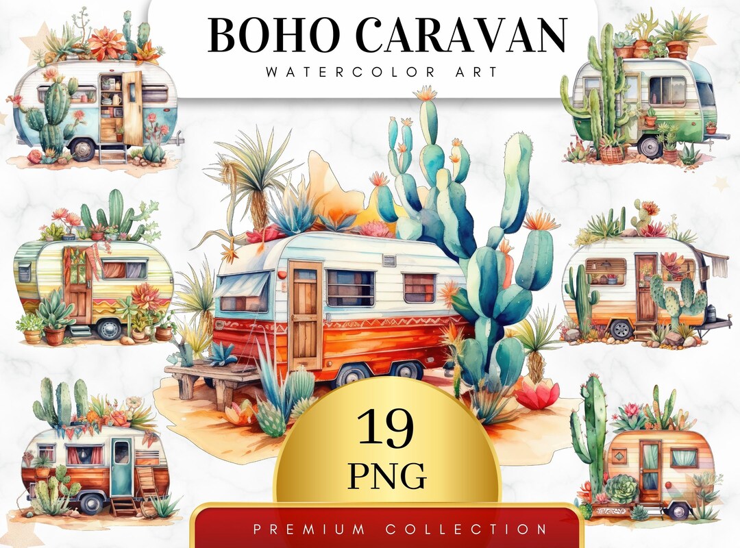 Set of 19, Watercolor Boho Caravan Clipart Bundle, Cute Floral Camper ...