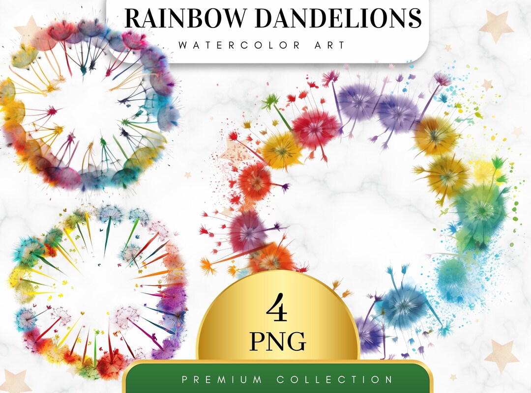 Set of 4, Rainbow Dandelions Clipart, Watercolor Dandelions, Dandelion ...