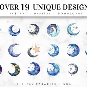 Set of 19, Watercolor Moon and Stars Clipart, Moon and Stars PNG ...
