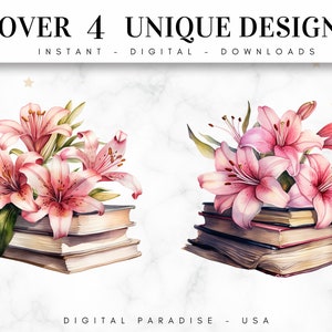 Set of 4, Pink Lily Books Clipart, Lily Flower Clipart, Book Clipart ...