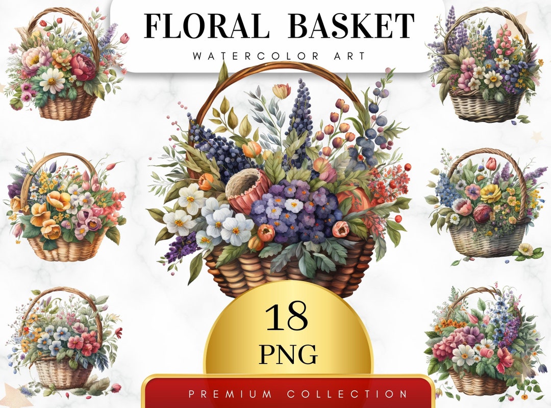 Set of 18, Watercolor Floral Basket, Floral Clip Art, Floral Basket Png ...
