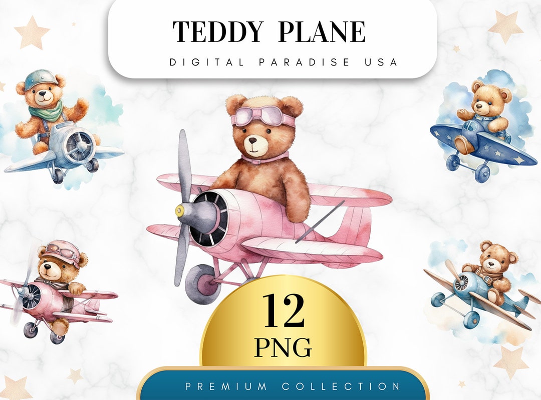 Set of 12 Watercolor Teddy With Plane Teddy Bear PNG - Etsy