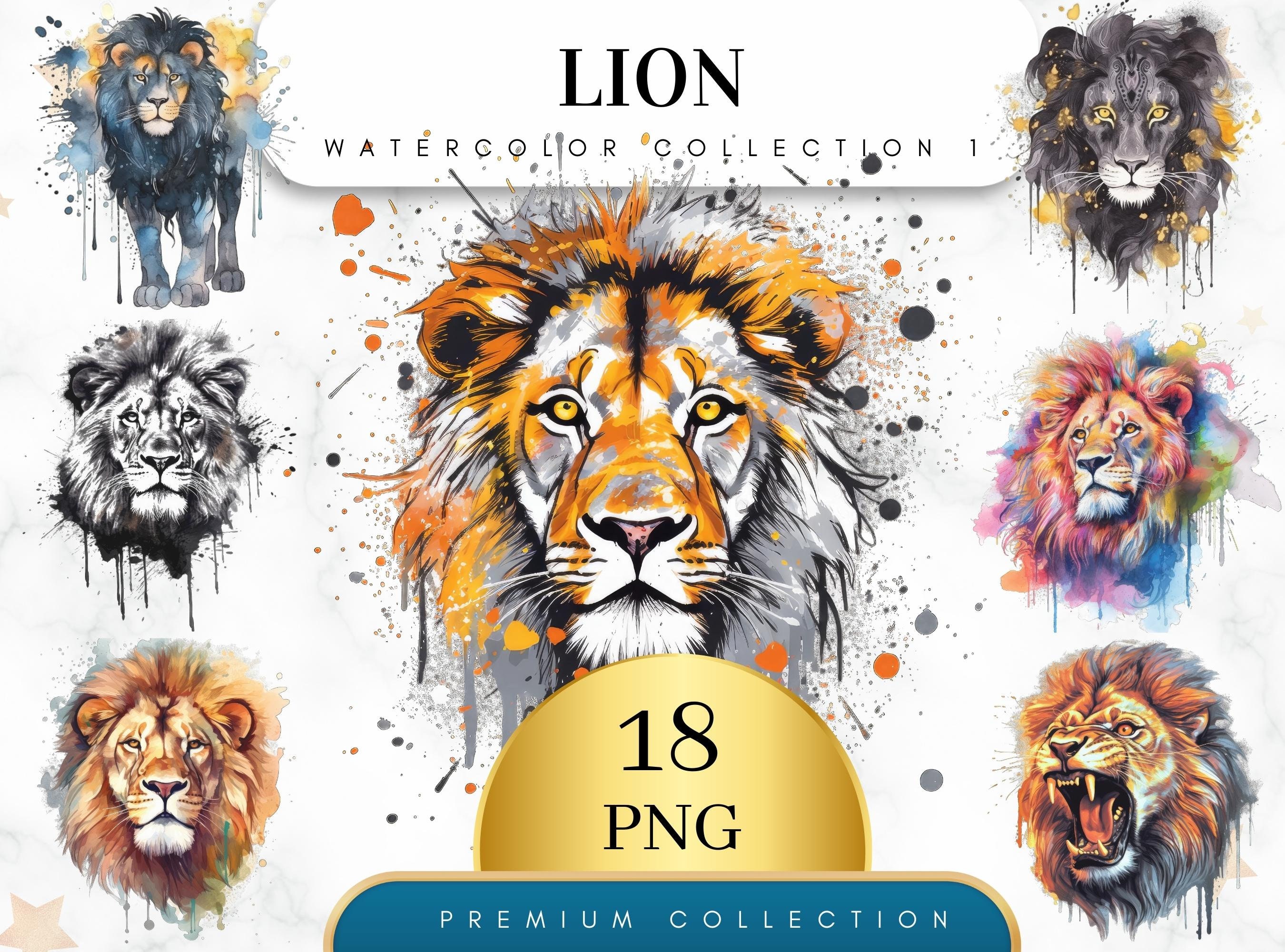 Set of 18, Watercolor Lion Clipart, Lion PNG, Boho Lion Set, Watercolor ...
