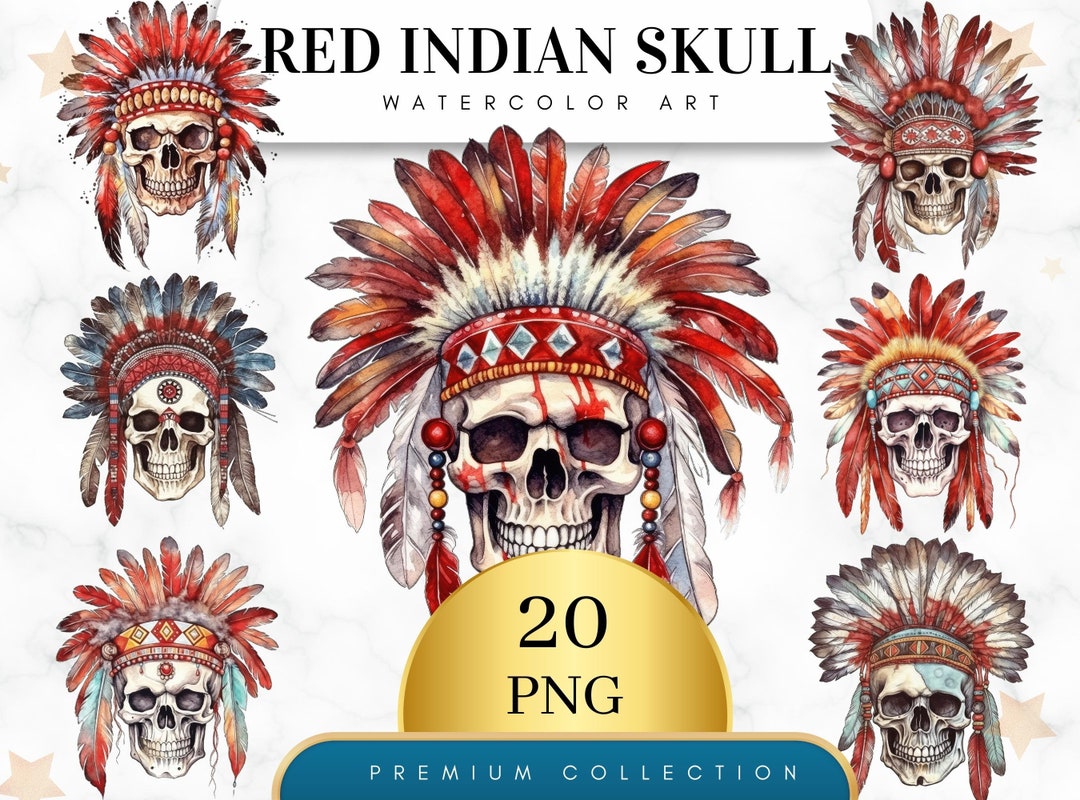 Set of 20, Watercolor Red Indian Skull, Red Indian Skull Clip Art PNG ...