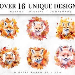 Set of 16, Autumn Fox Clipart, Fox PNG, Fall Fox Art, Watercolor Fox ...