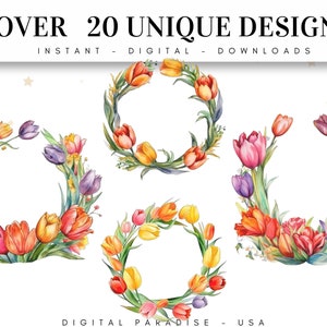 Set of 20, Watercolor Colorful Tulips Wreath, Floral Clipart ...