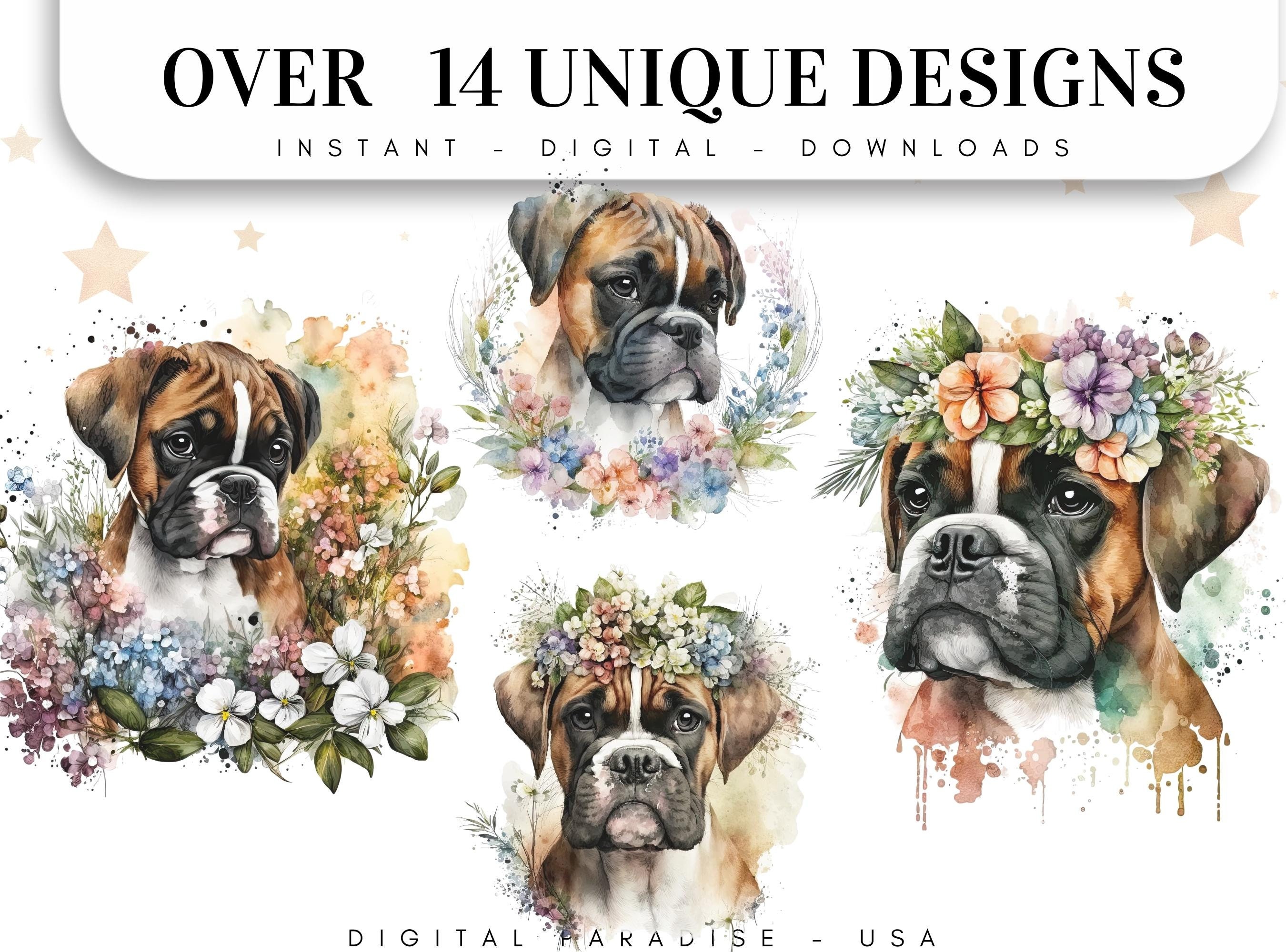 Set of 14, Watercolor Boxer Dog Clipart, Spring Boxer Dog With Flowers ...